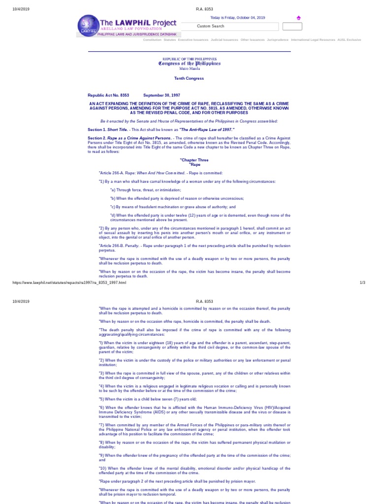 The Anti-Rape Law of 1997 | PDF | Rape | Crime & Violence