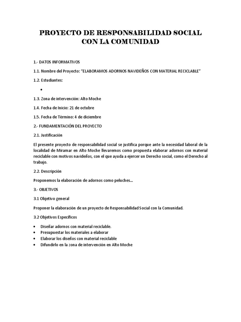 Esquema de Proyecto de Responsabilidad Social Con La Comunidad | PDF
