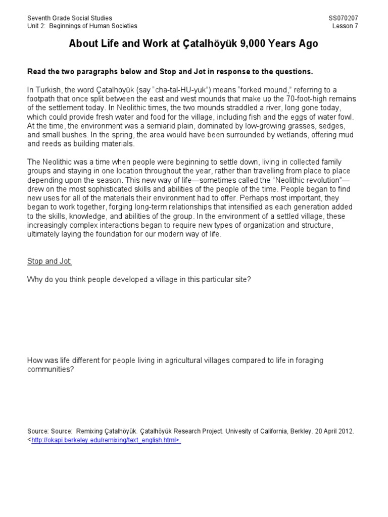 Lesson 7 - About Life and Work in Catalhoyuk 9000 Years Ago | PDF ...