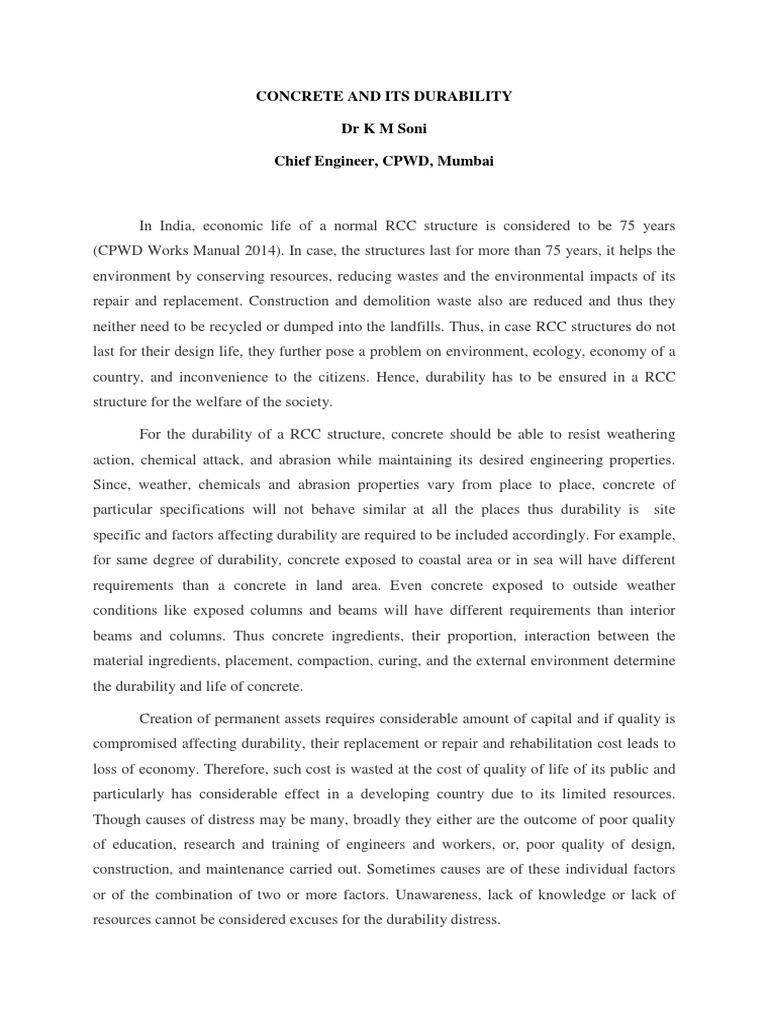 Concrete and Its Durability Drkmsoni Chief Engineer, CPWD, Mumbai | PDF ...