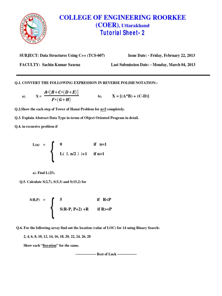 College of Engineering Roorkee (COER) Tutorial Sheet-2:, Uttarakhand | PDF