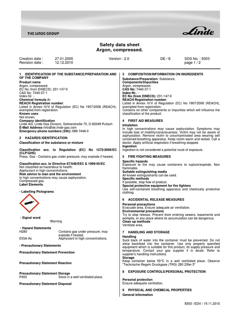 Safety Data Sheet Argon, Compressed | PDF | Water | Safety
