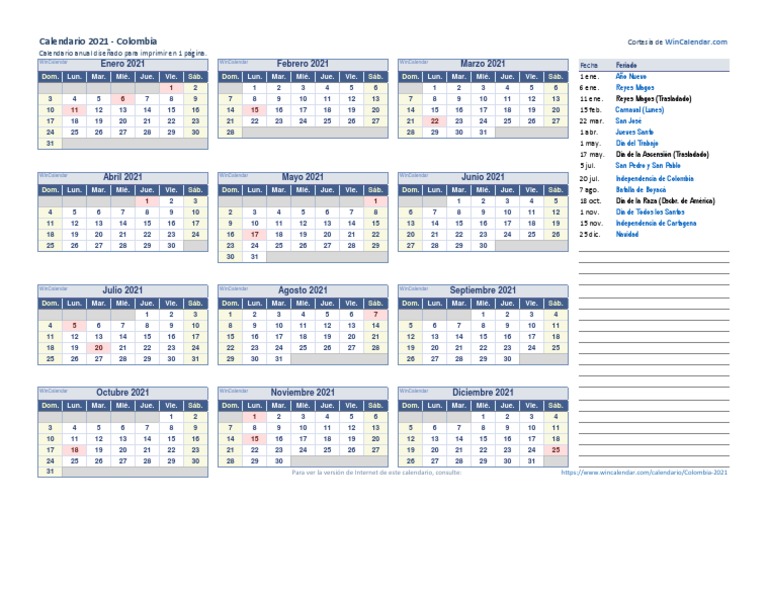 Calendario 2021 Colombia | PDF | Calendario
