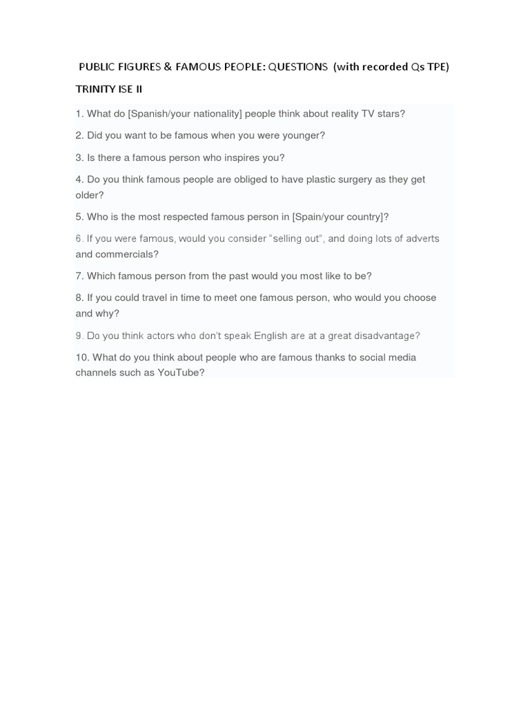 Public Figures & Famous People: Questions (With Recorded Qs Tpe ...