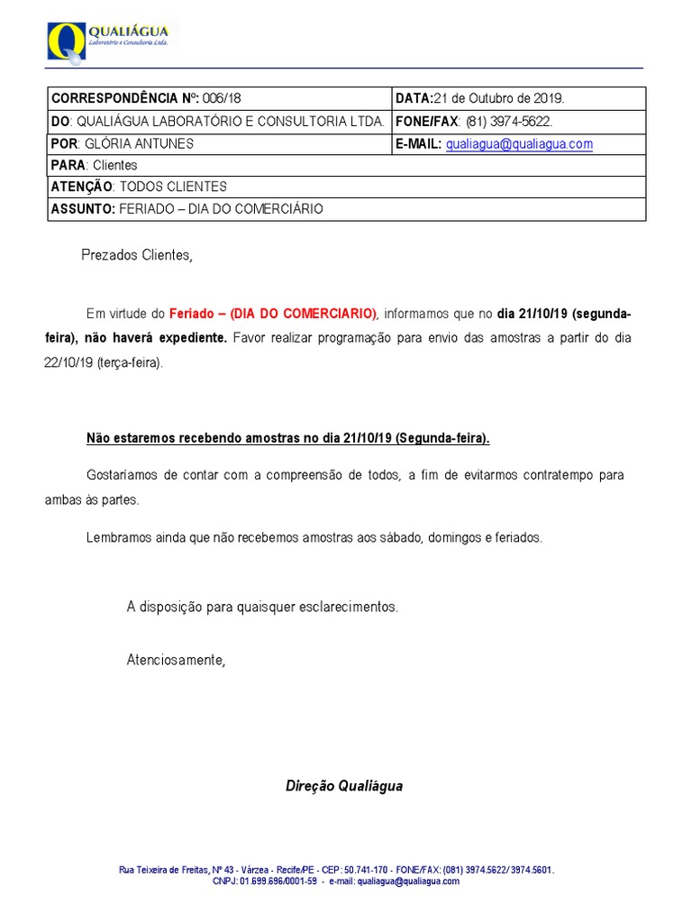 Modelo de Comunicado Aos Feriados | PDF