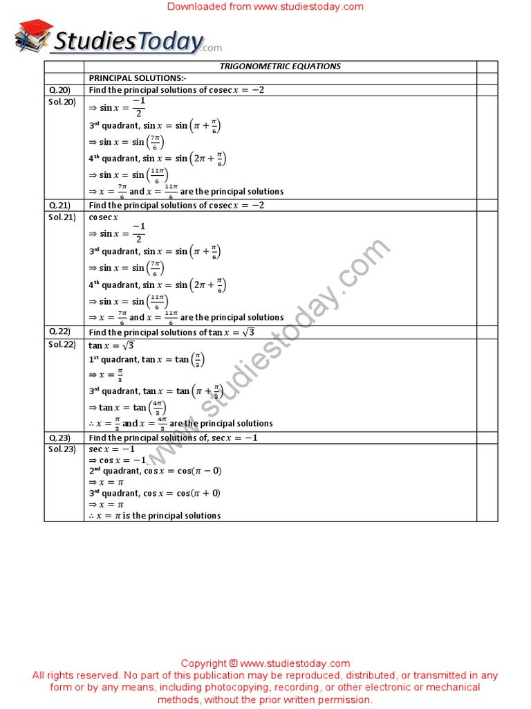 CBSE Class 11 Mathematics Worksheet - Trigonometric Functions PDF | PDF ...