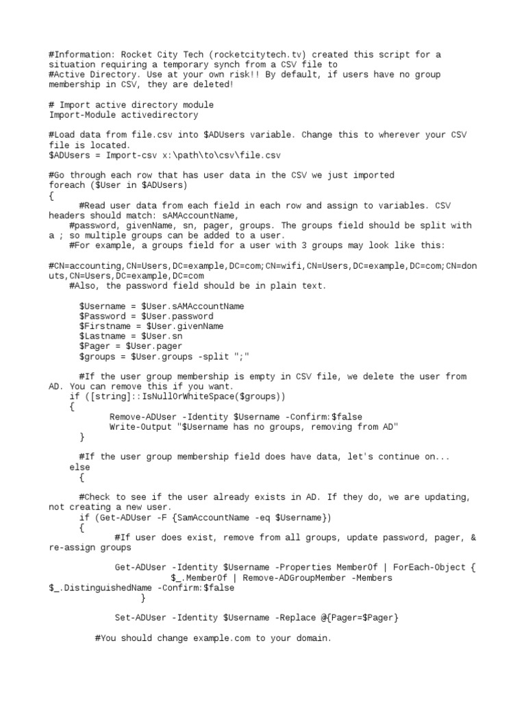 Powershell Import Update Users Groups From CSV File | PDF | Comma ...