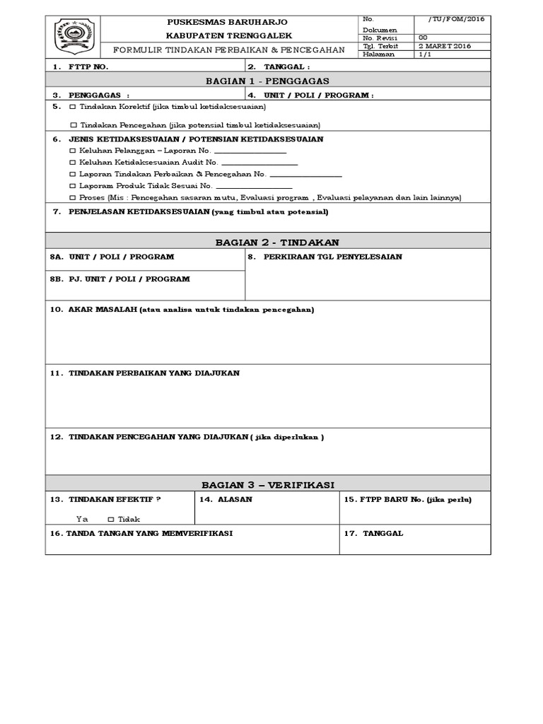 Formulir Tindakan Perbaikan Dan Pencegahan | PDF