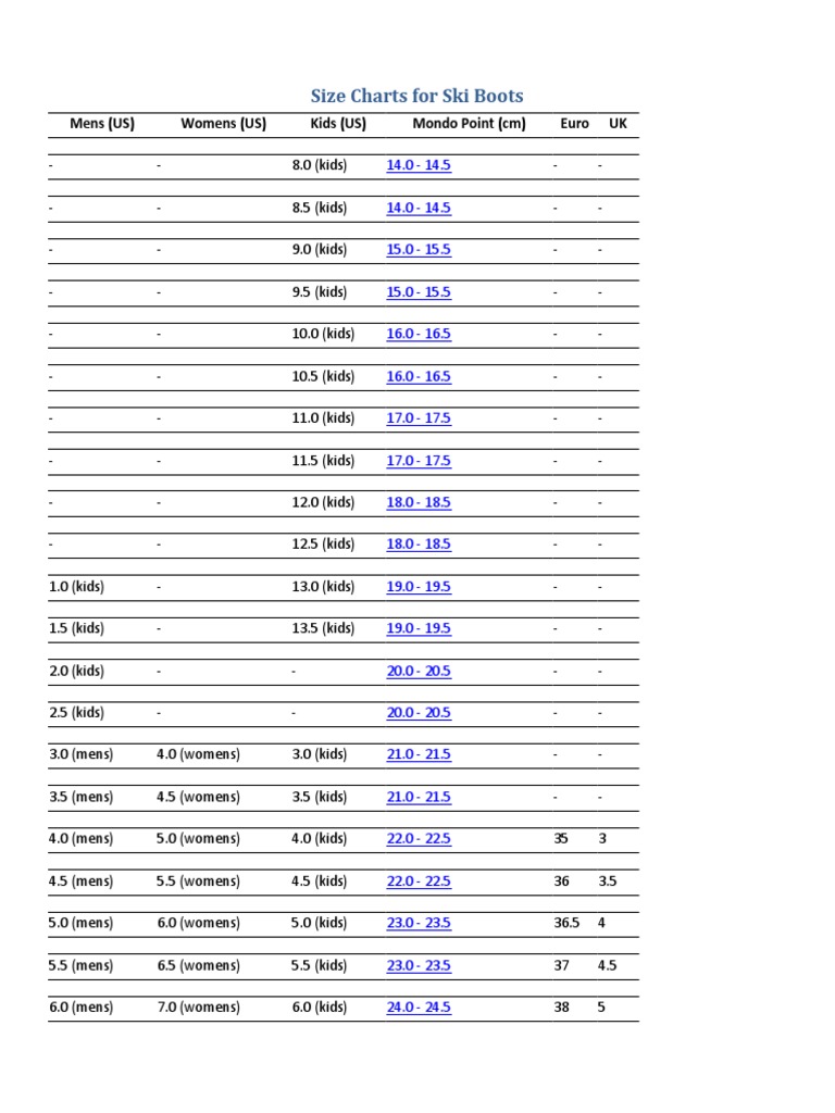 Size Charts For Ski Boots | Download Free PDF | Racing