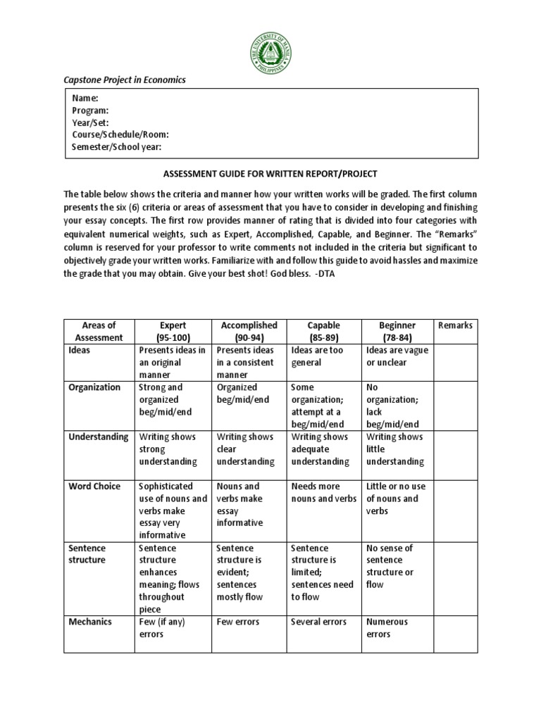 Capstone Project in Economics: Assessment Guide For Written Report ...