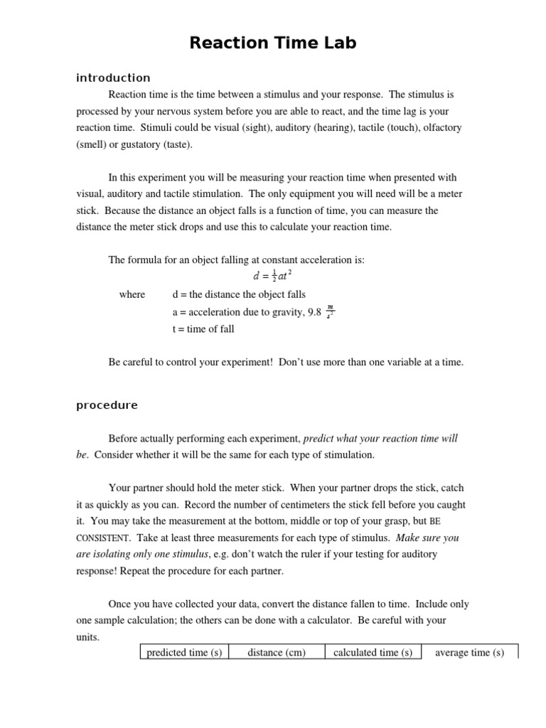 Reaction Time Lab: Be. Consider Whether It Will Be The Same For Each ...