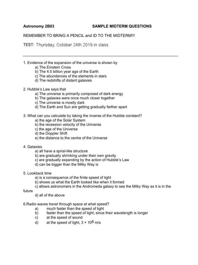 Astronomy 2B03 Midterm Sample Questions | PDF | Stars | Milky Way