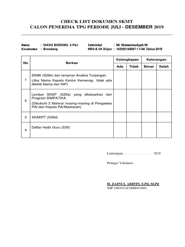 Check List SKMT Juli - Desember 2019 | PDF