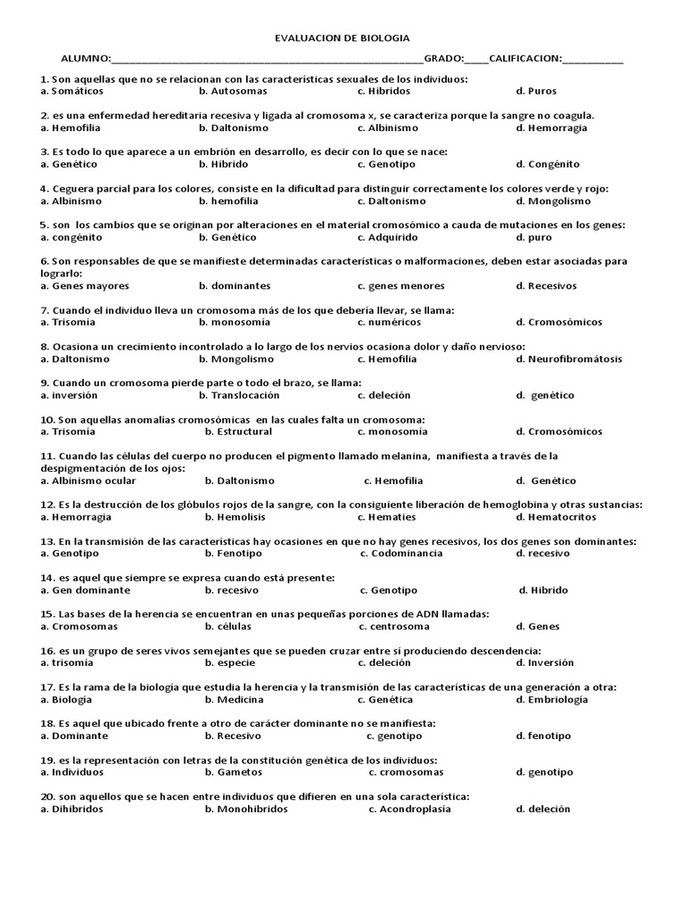 Evaluación Biología y Química 11-A | PDF | Dominancia (Genética ...
