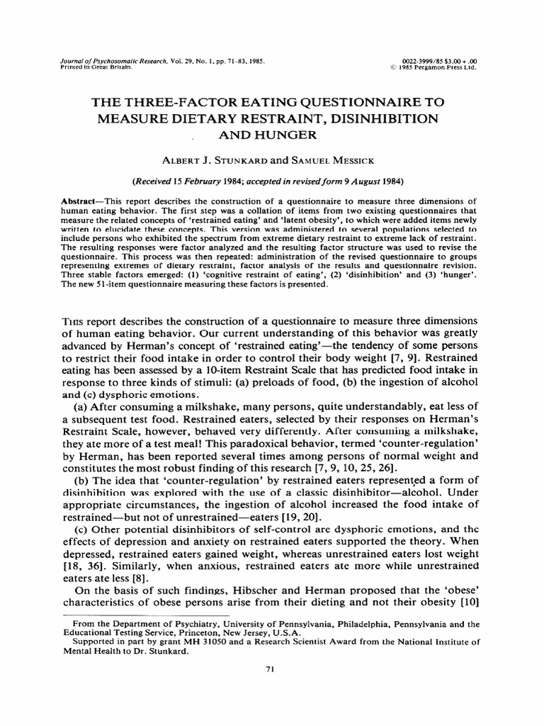 Three Factor Eating Questionnaire To Measure Dietary Restraint ...