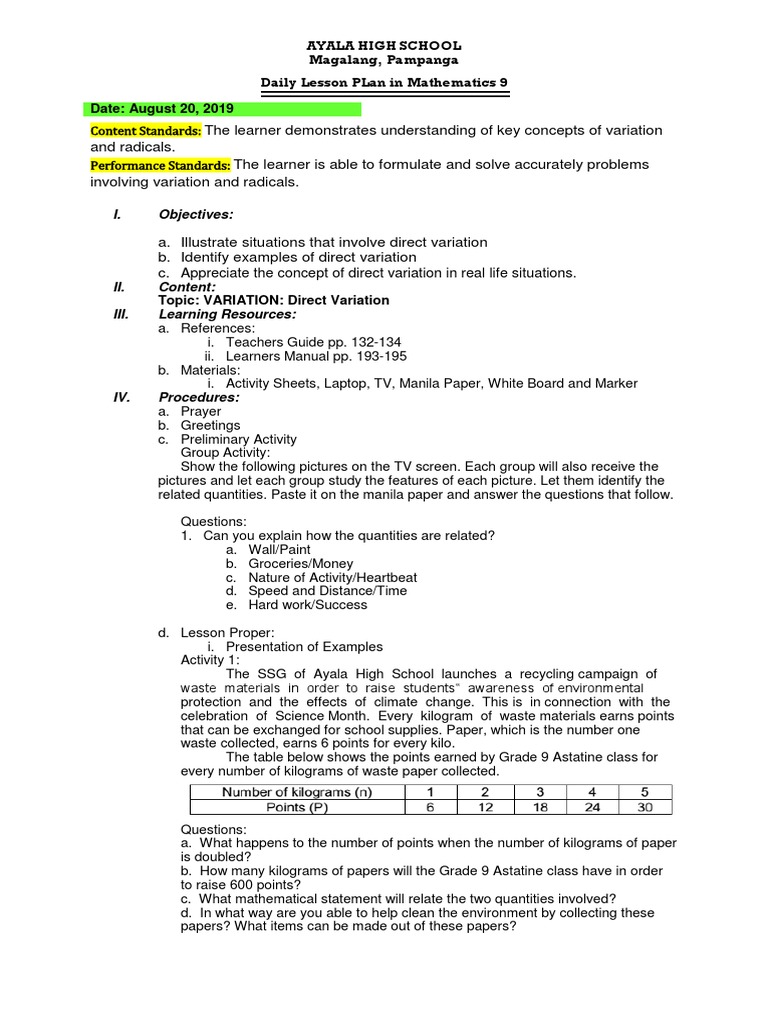 Appreciate The Concept of Direct Variation in Real Life Situations ...