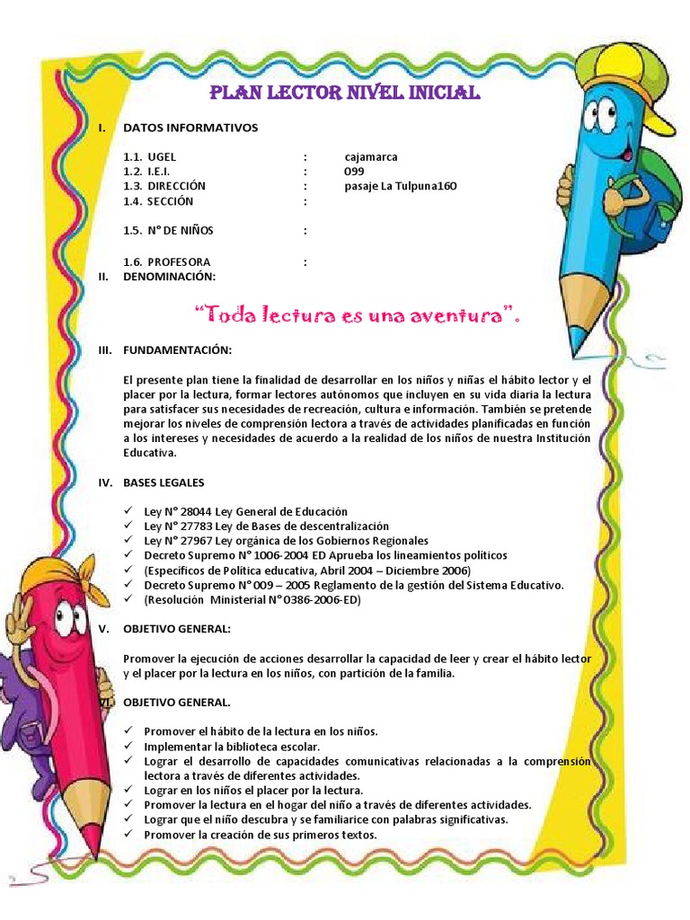 Plan Lector Nivel Inicial | Descargar gratis PDF | Comprensión lectora ...
