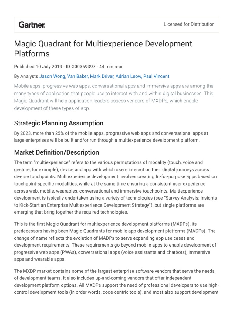 Gartner Reprint - Magic Quadrant For Multiexperience Development ...