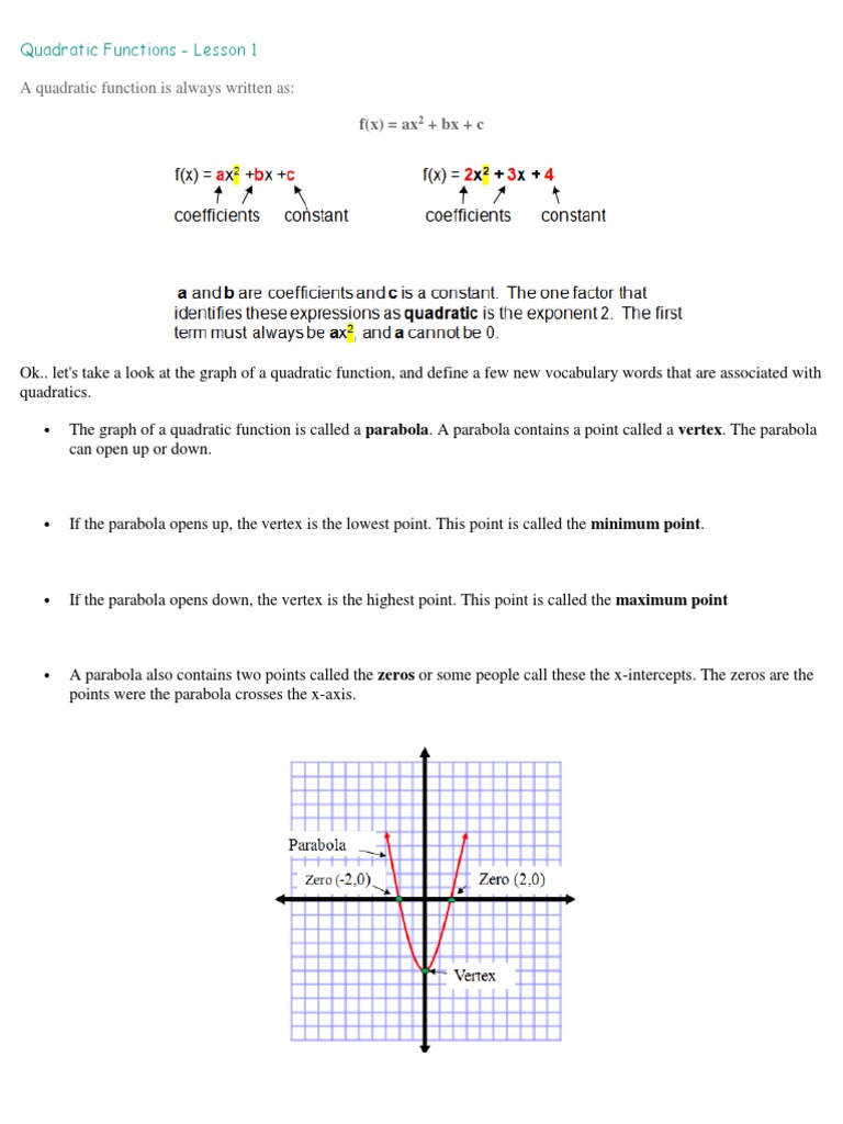 A Quadratic Function Is Always Written As:: F (X) Ax + BX + C | PDF ...
