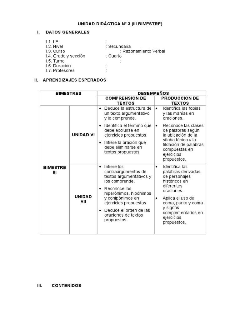 Unidad Didáctica III Bimestre - IV Año | PDF | Cognición | Comunicación