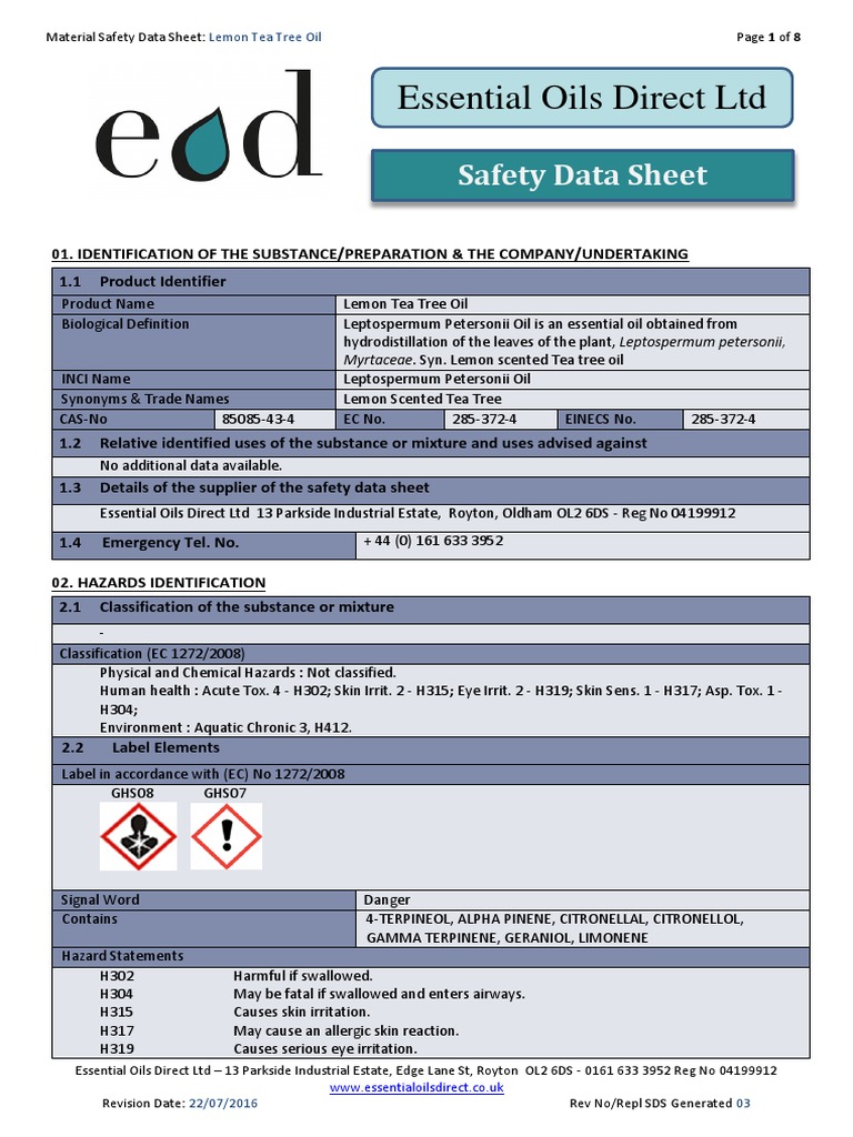 Essential Oils Direct LTD: Safety Data Sheet | PDF | Personal ...