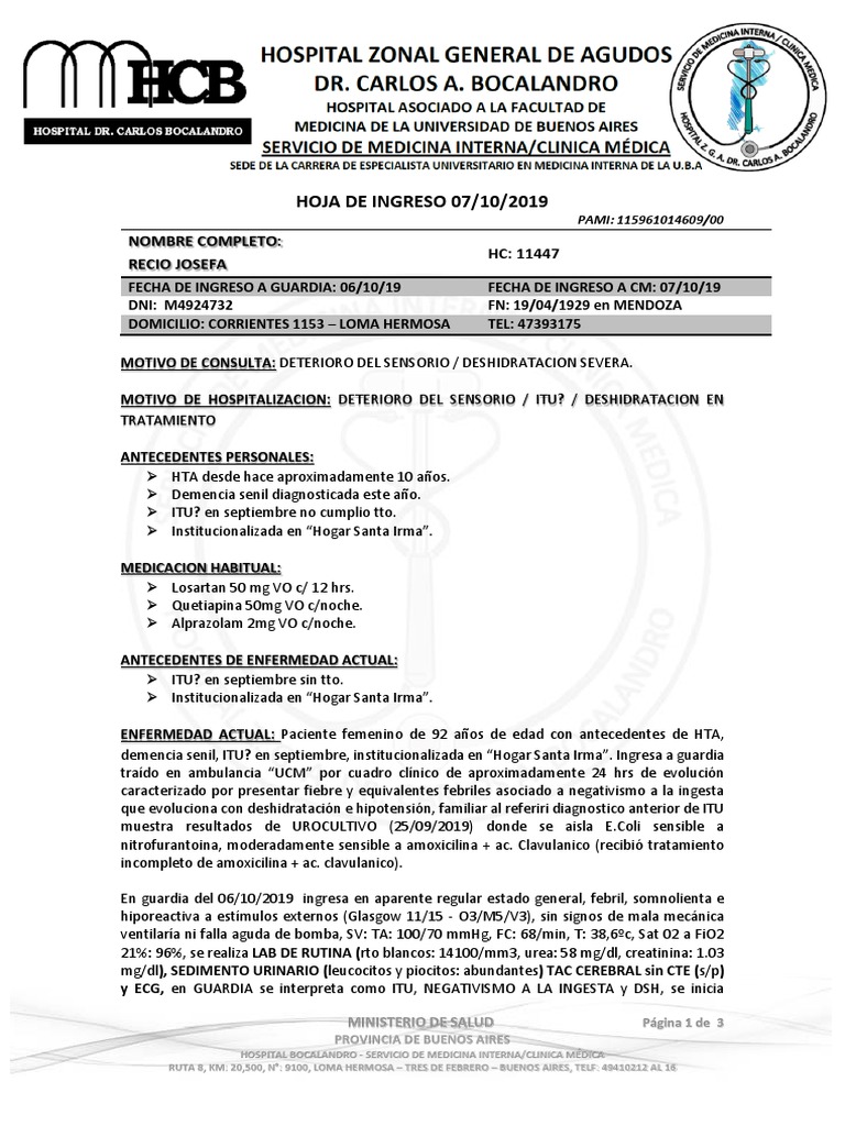 Recio Josefa 07-10-19 Itu | PDF | Medicina CLINICA | Especialidades Medicas