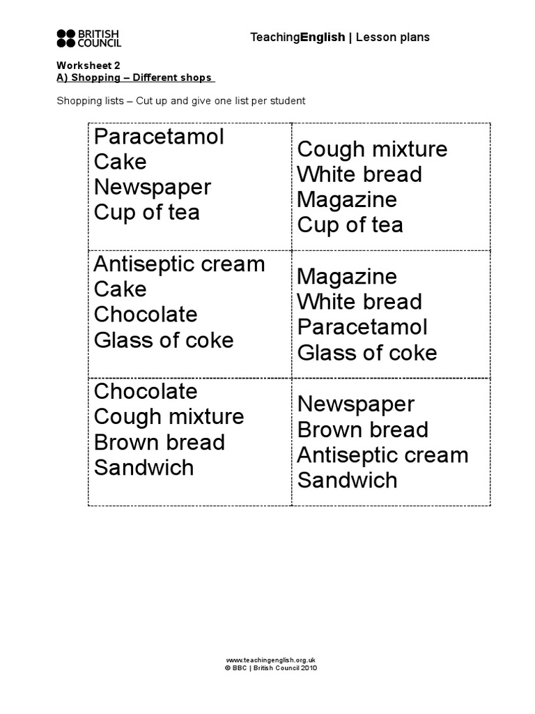 Shopping Lists - Cut Up and Give One List Per Student: Teachingenglish ...