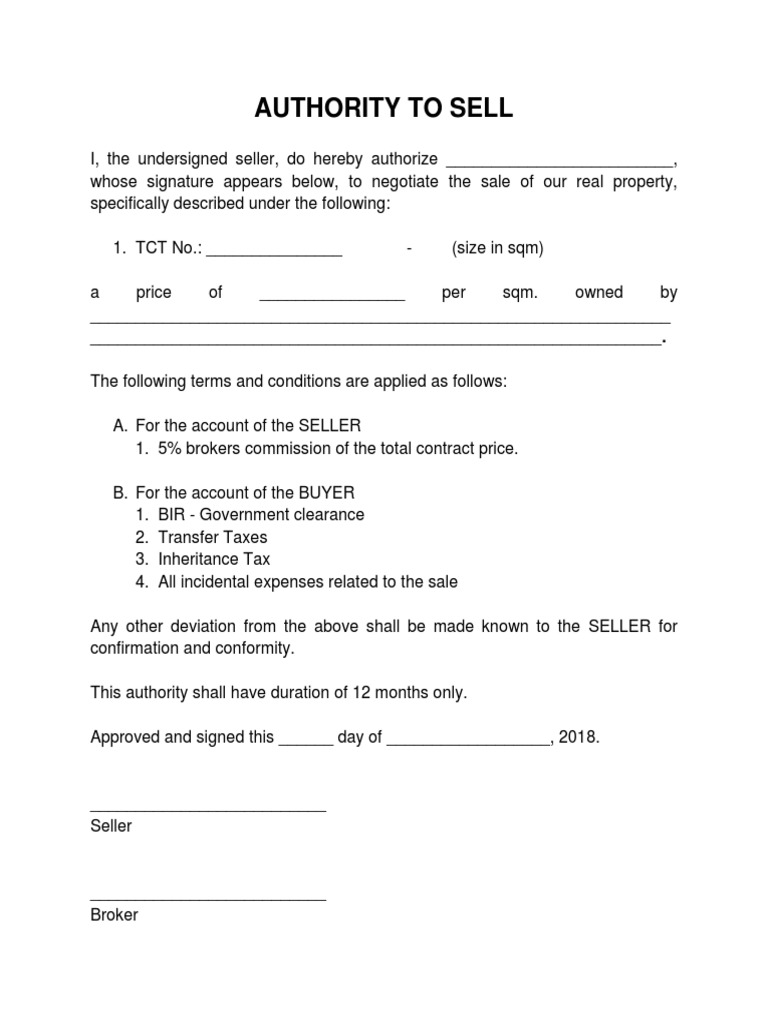 Authorization to Sell Real Property Located at TCT No. [NUMBER] for [PRICE] Per Square Meter ...