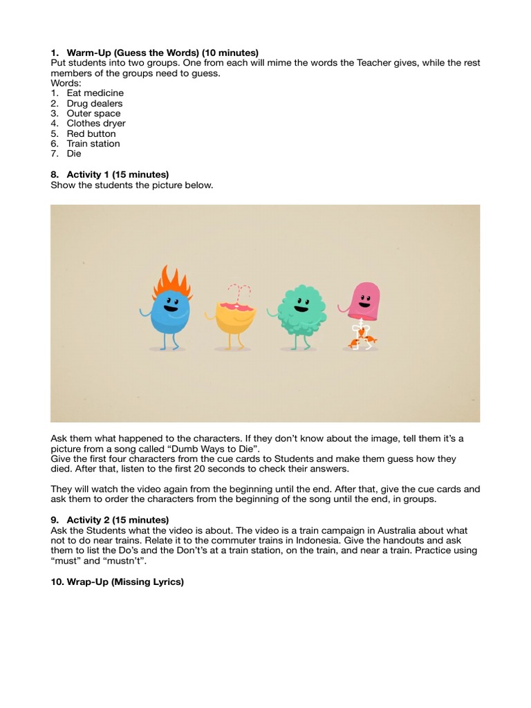 Dumb Ways to Die Classroom Activities | PDF