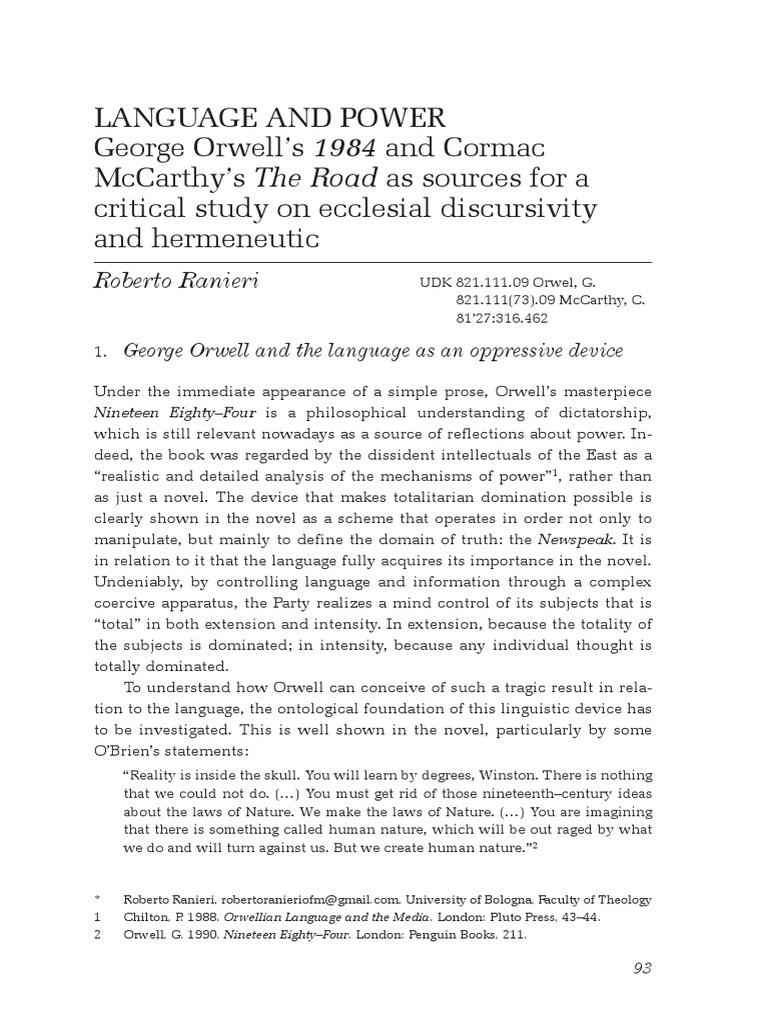 Language and Power George Orwell'S 1984 and Cormac Mccarthy'S The Road ...