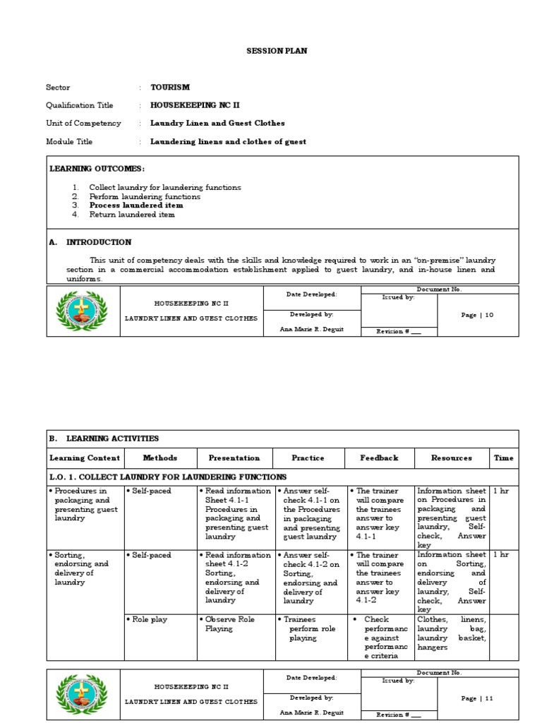 Session Plan: Housekeeping NC Ii Laundry Linen and Guest Clothes Page - 10 | PDF | Laundry ...