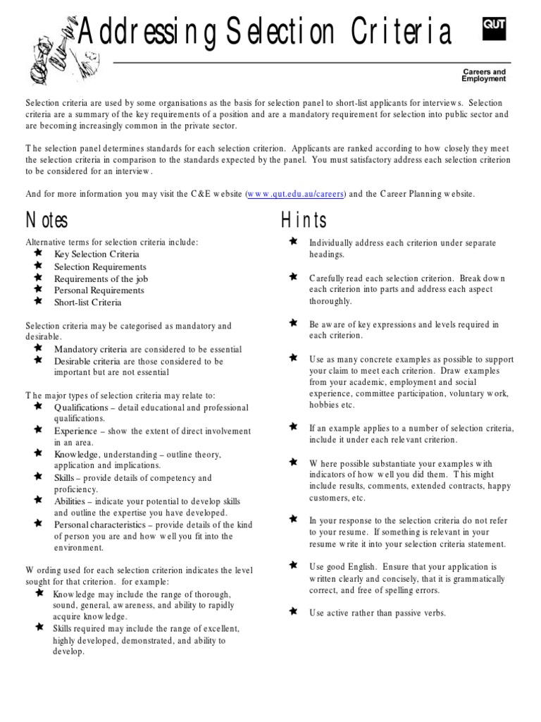 Addressing Selection Criteria Handout | Brainstorming | Marketing