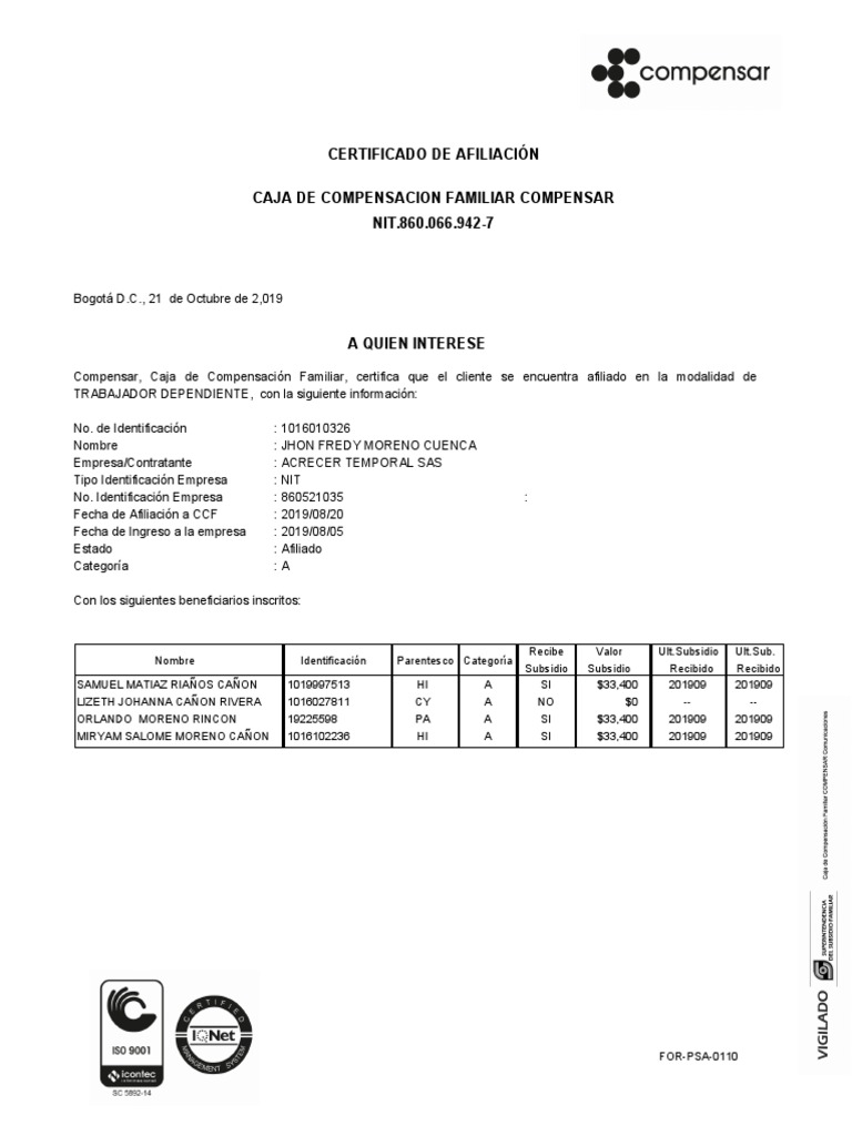 Certificado de Afiliación Caja de Compensacion Familiar Compensar NIT ...