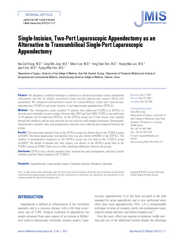 Single-Incision, Two-Port Laparoscopic Appendectomy As An Alternative ...