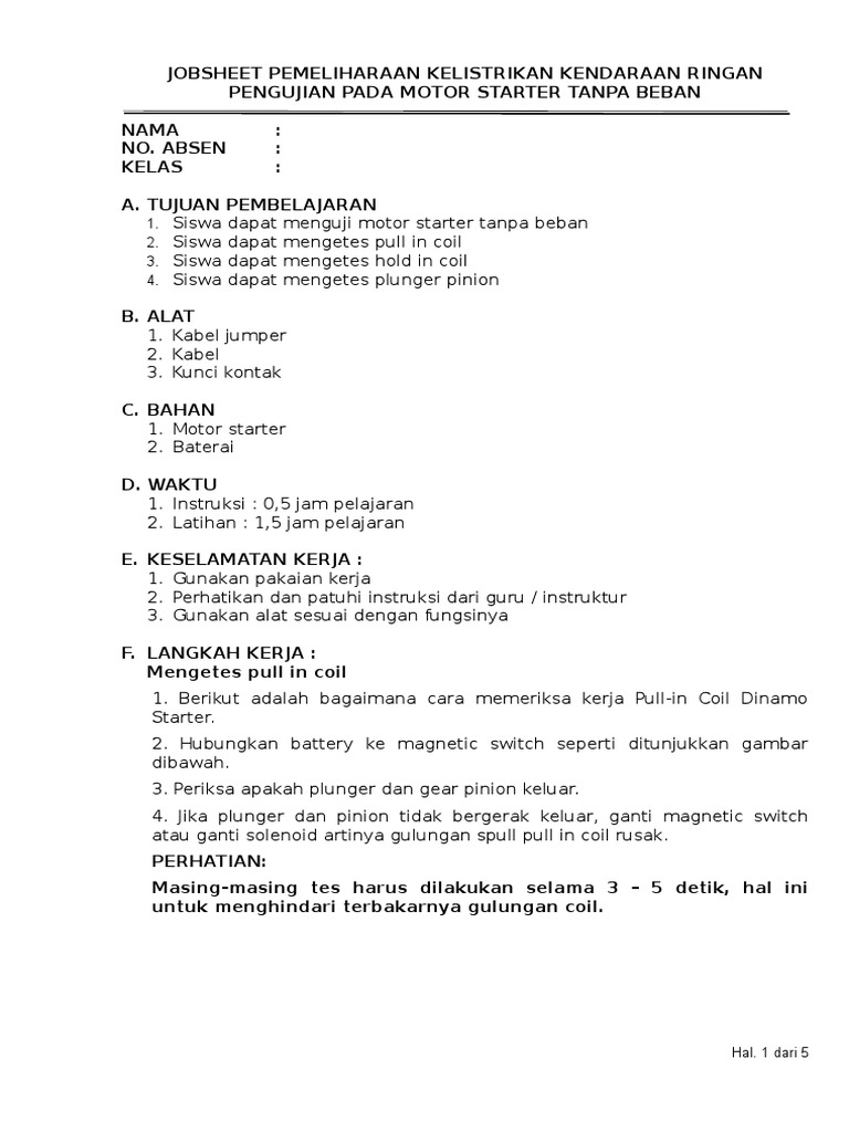 Jobsheet Pengujian Motor Starter Tanpa Beban | PDF