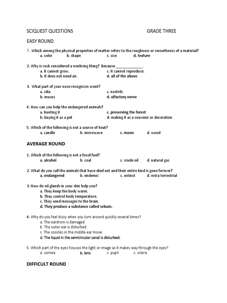 Grade 3 Science Quiz Questions | PDF