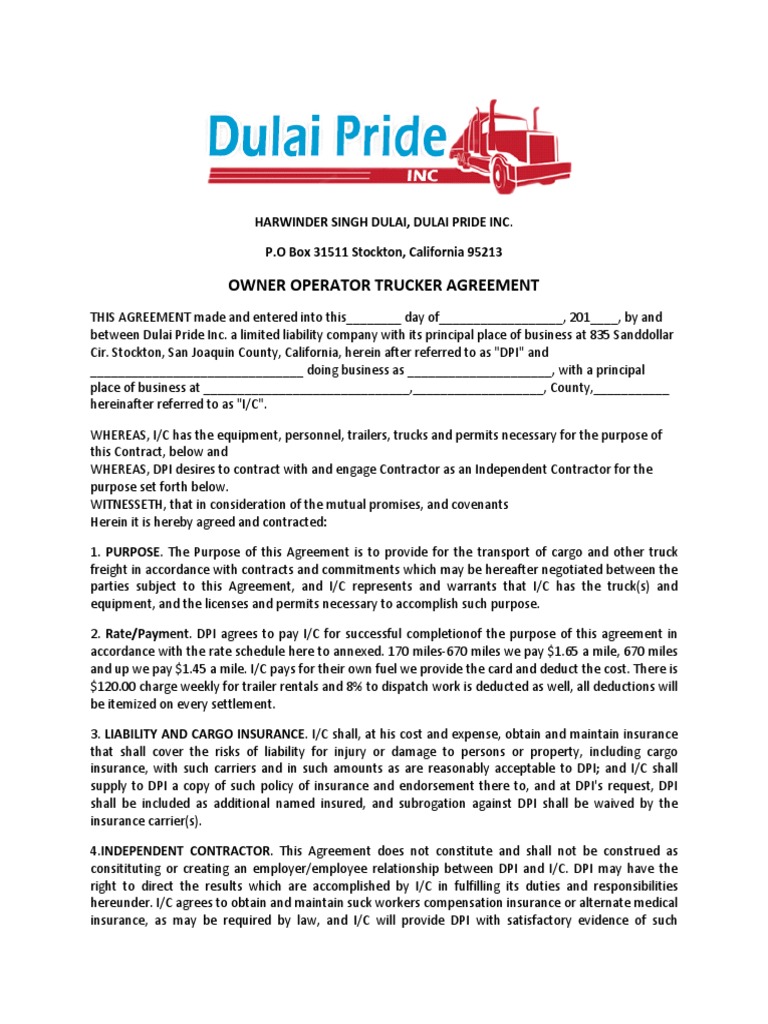Owner Operator Contract | Download Free PDF | Liability Insurance ...
