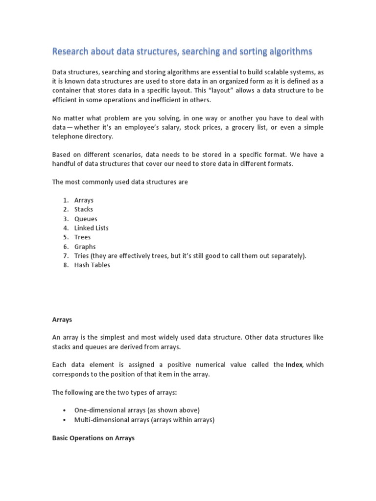 Research About Data Structures Searching And Sorting Algorithms Pdf Array Data Structure