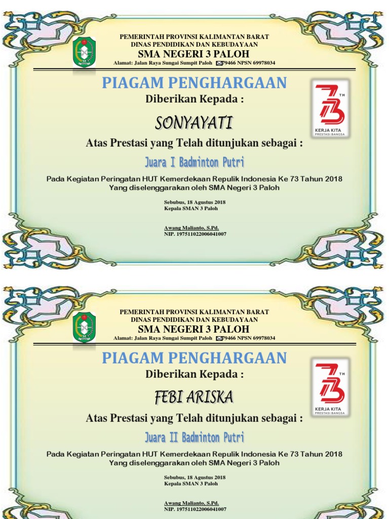 Contoh Piagam Badminton Siswa SMA | PDF