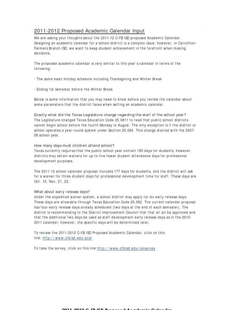 C-FB ISD Proposed Calendar 2011-2012 With Explanation | PDF | Academic ...