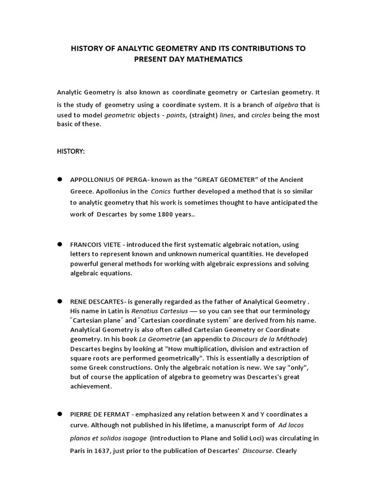 History of Analytic Geometry and Its Contributions To Present Day ...