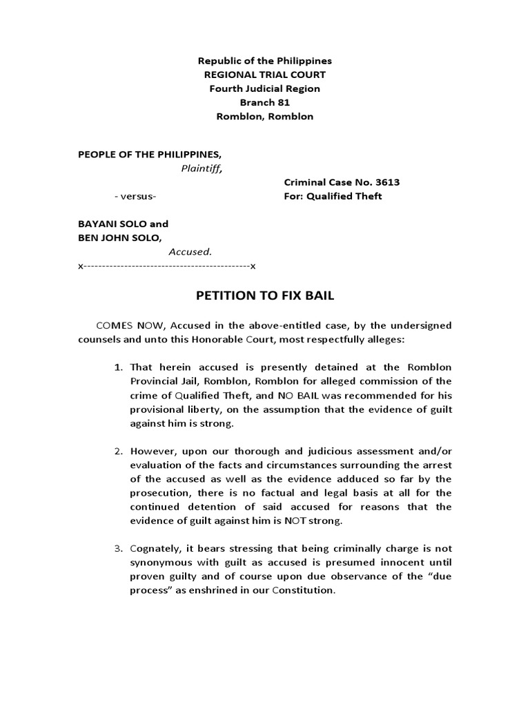 Bayani Solo - Petition To Fix Bail | PDF | Bail | Prosecutor