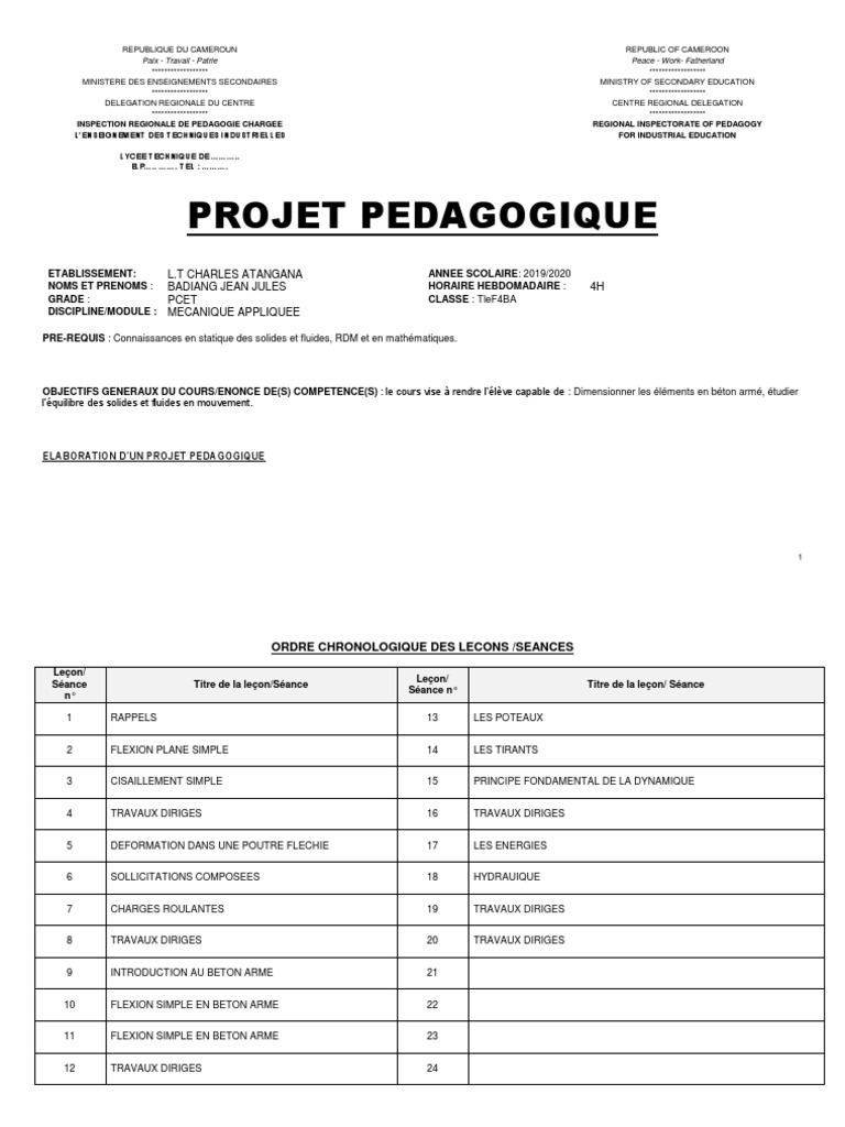 Projet Pédagogique Méca Tle F4BA | PDF | Flexion (matériau) | Béton armé