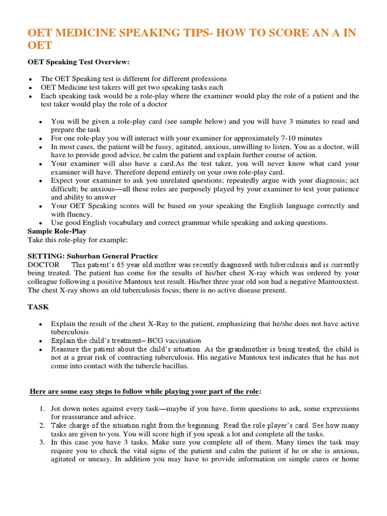 Oet Medicine Speaking Tips-How To Score An A in OET | PDF ...