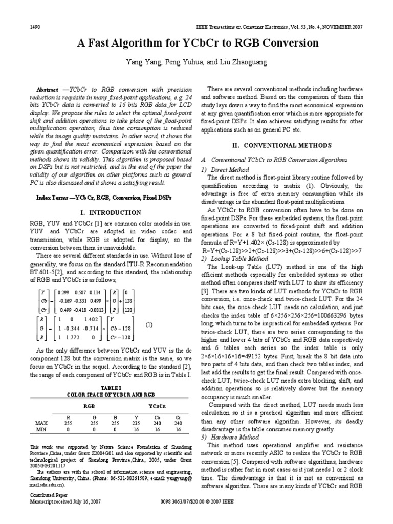 A Fast Algorithm For YCbCr To RGB Conversion | PDF | Digital Signal Processing | Information And ...