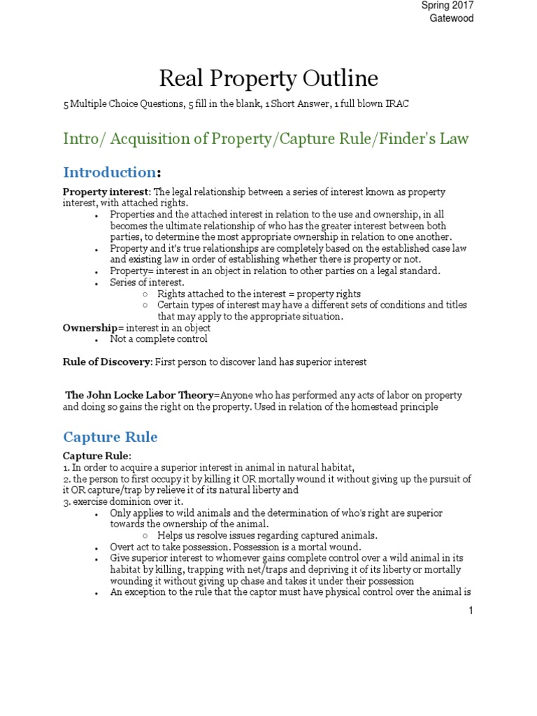 Real Property Outline: Intro/ Acquisition of Property/Capture Rule ...