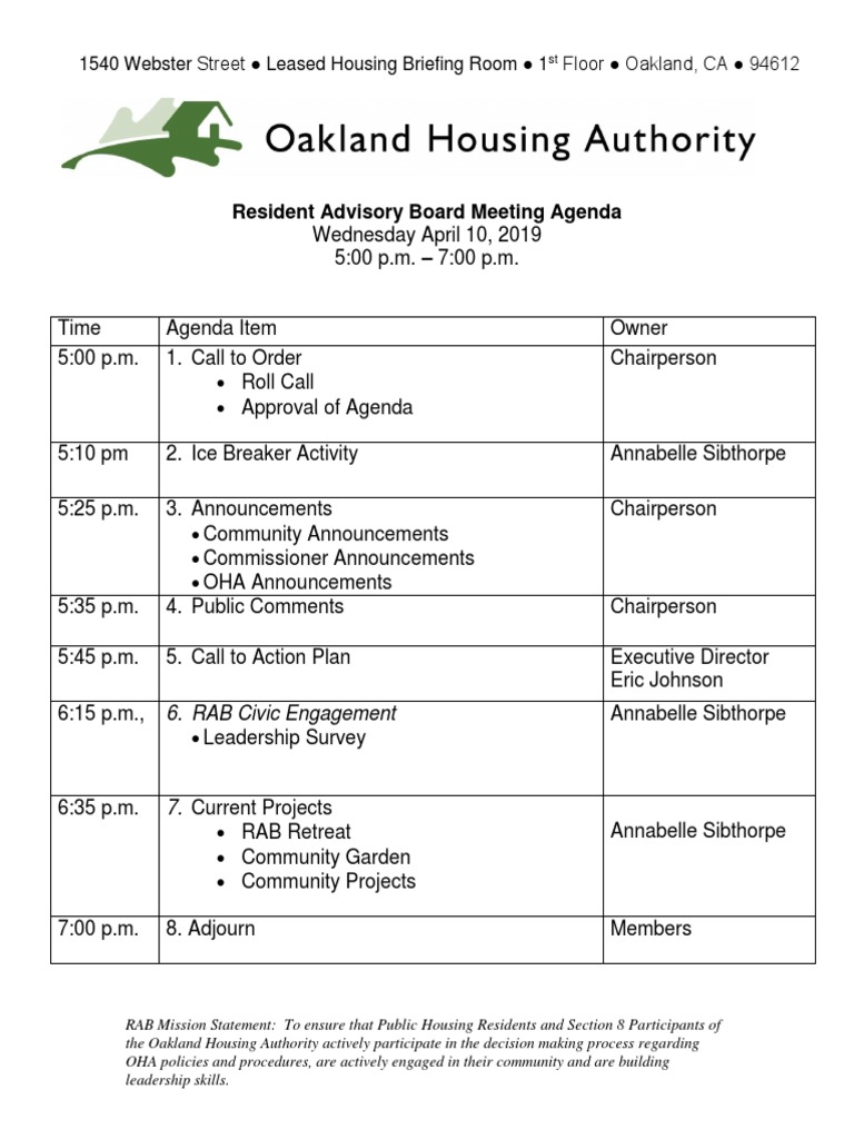 Resident Advisory Board Meeting Agenda | PDF