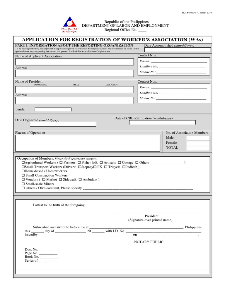 Application For Registration of Worker'S Association (Was) | PDF | Business