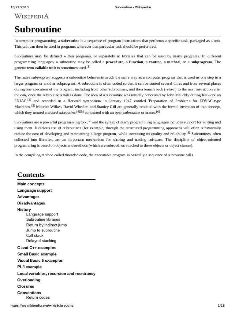 Subroutine - Wikipedia | PDF | Subroutine | Parameter (Computer ...