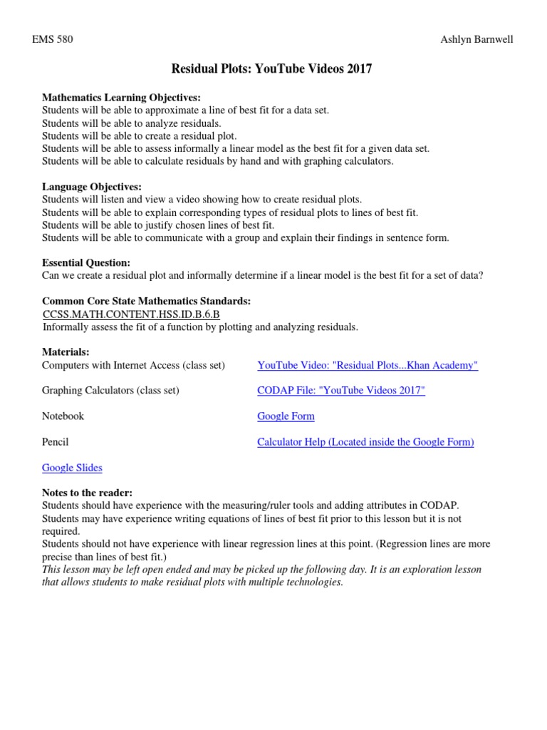 Statistics Lesson Plan Residual Plots Final | PDF | Errors And ...